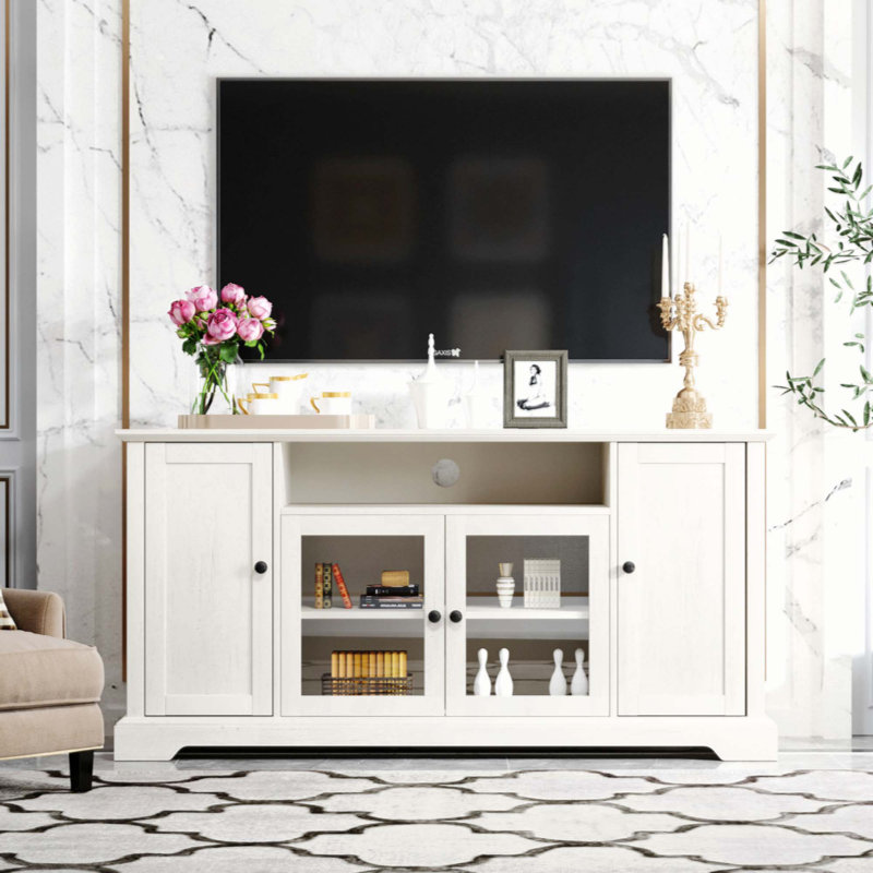 TV Stand For TV Up To 65In With 2 Tempered Glass Doors Adjustable Panels Open Style Cabinet Sideboard For Living Room White